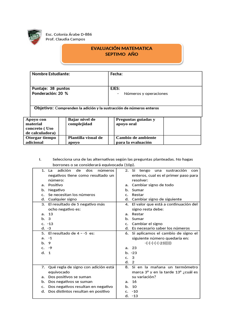 Evaluacion Matematica Septimo Sumas y Restas Numeros Enteros. | PDF | Sustracción | Matemática ...