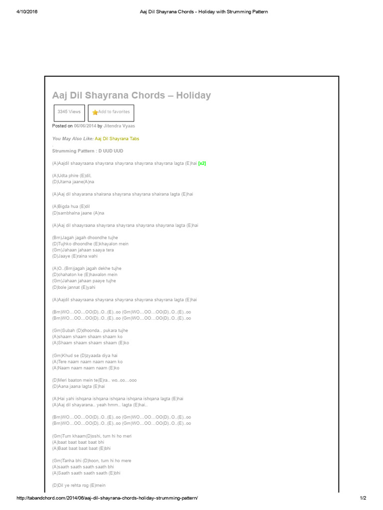 Aaj Dil Shayrana Chords - Holiday With Strumming Pattern | PDF