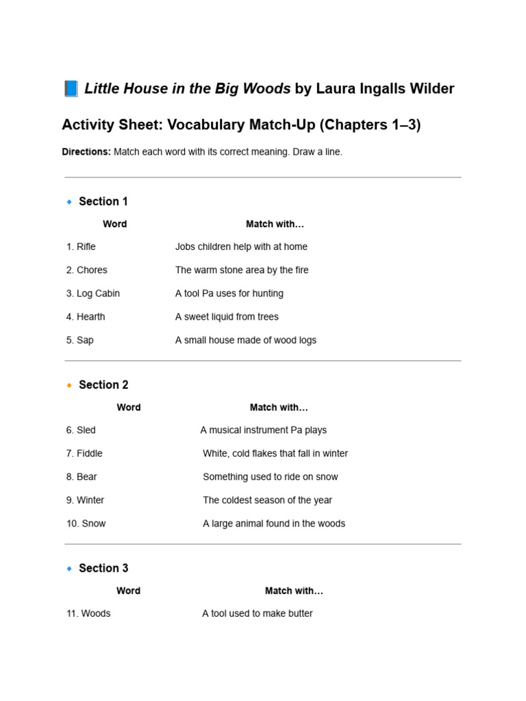 Little House in The Big Woods Activity Vocabulary Match Chapters 1-3 | PDF