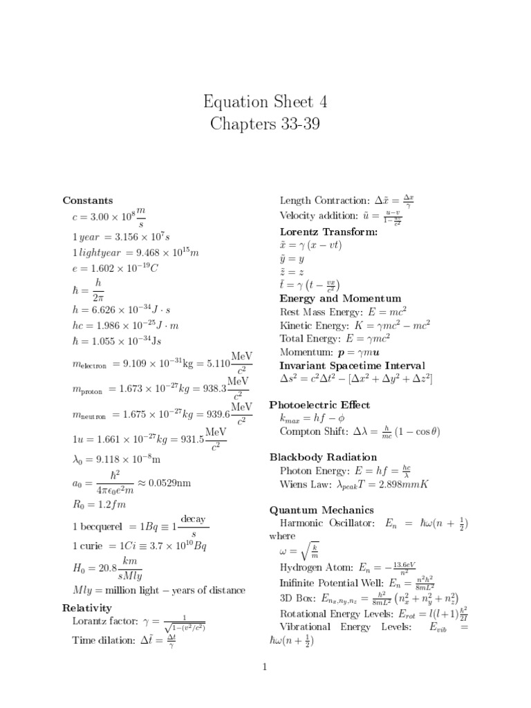 EqnSheet4-modern Physics-Physics 2 | PDF | Electronvolt | Momentum