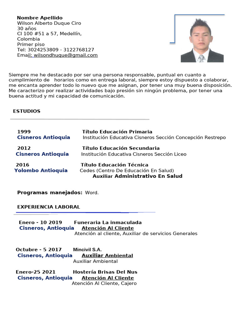 Hoja de Vida Wilson Duque Ciro | PDF