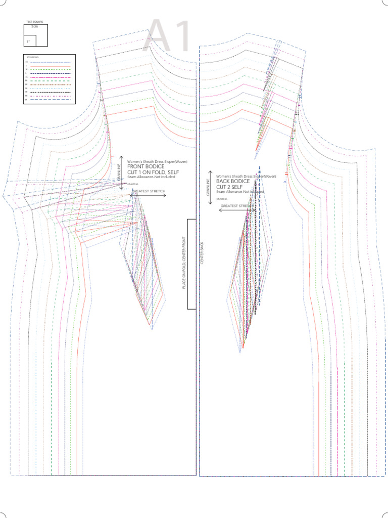 Front Bodice Cut 1 On Fold, Self Back Bodice Cut 2 Self: Test Square | PDF