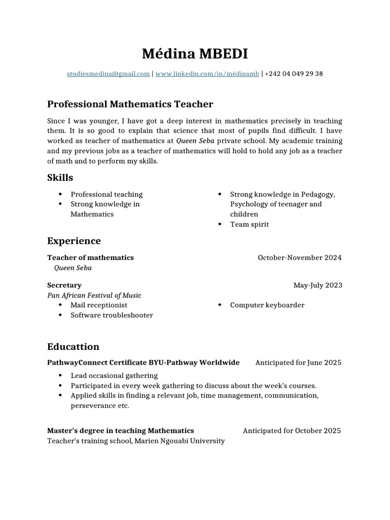 Médina MBEDI: Professional Mathematics Teacher | PDF
