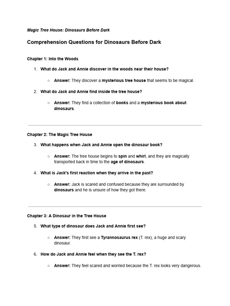 Comprehension Questions For Magic Tree House: Dinosaurs Before Dark ...