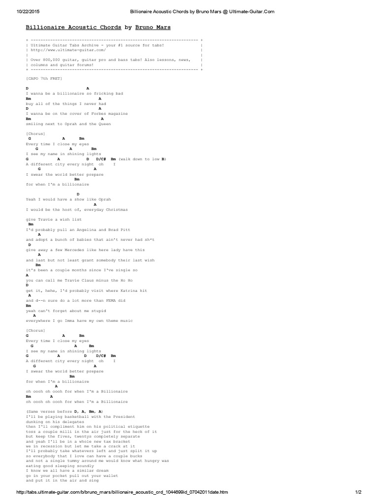 Billionaire Acoustic Chords by Bruno Mars at Ultimate-Guitar | PDF