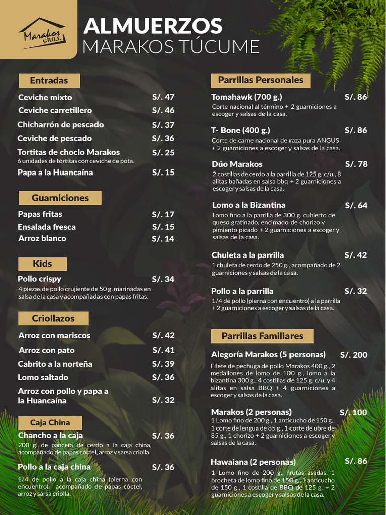 Menú de Parrillas Marakos Tucume | PDF | Alimentos | Cocina