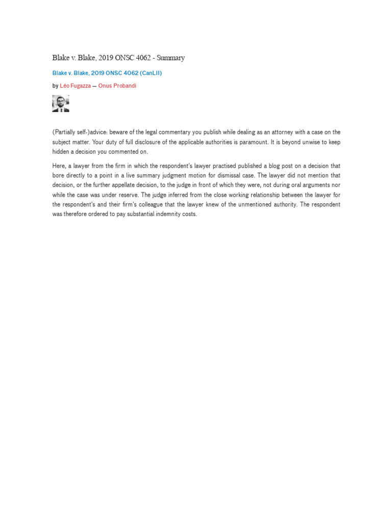 Blake v. Blake, 2019 ONSC 4062 - Summary _ CanLII Connects | PDF