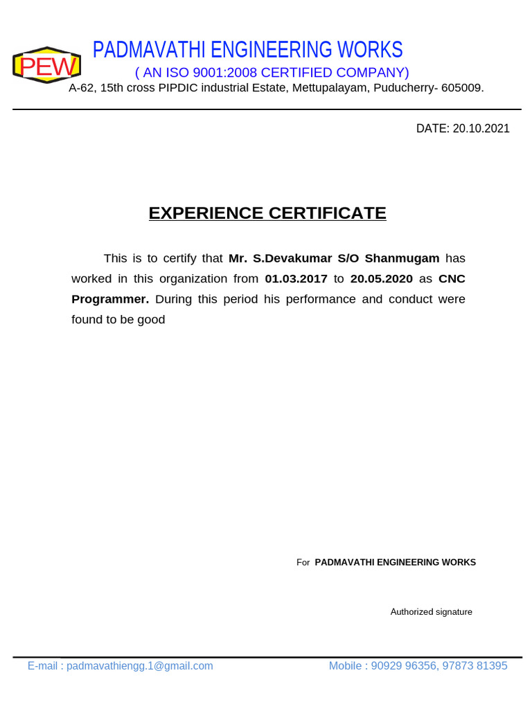 Experience Certificate for CNC Programmer | PDF