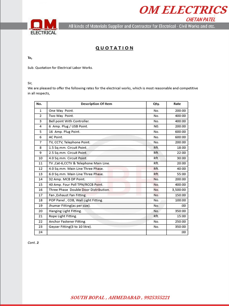 Om Electric Labour Quote | PDF | Electric Power | Equipment
