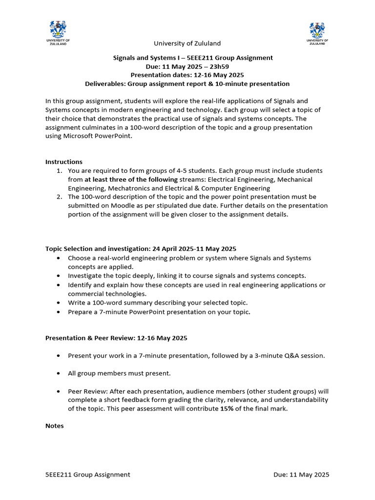 Signals and Systems Group Assignment Guide | PDF | Engineering | Peer ...