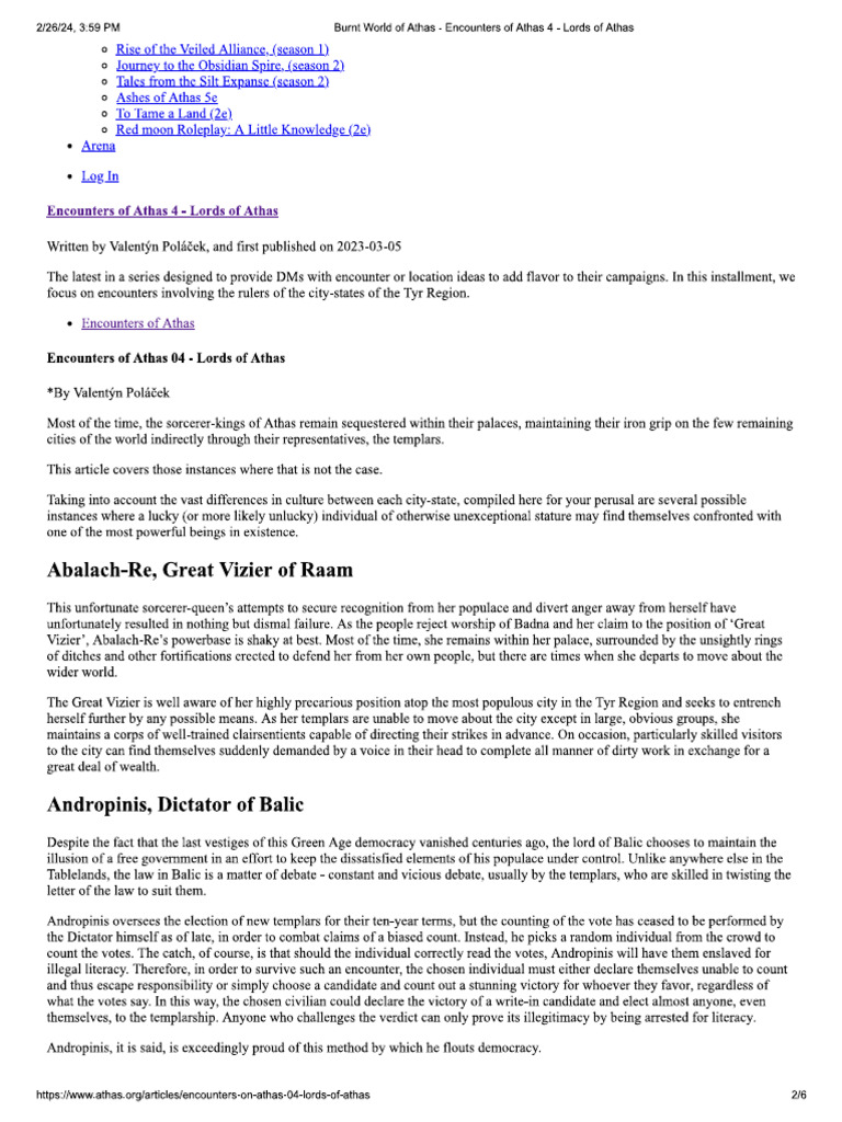 Burnt World of Athas - Encounters of Athas 4 - Lords of Athas | PDF