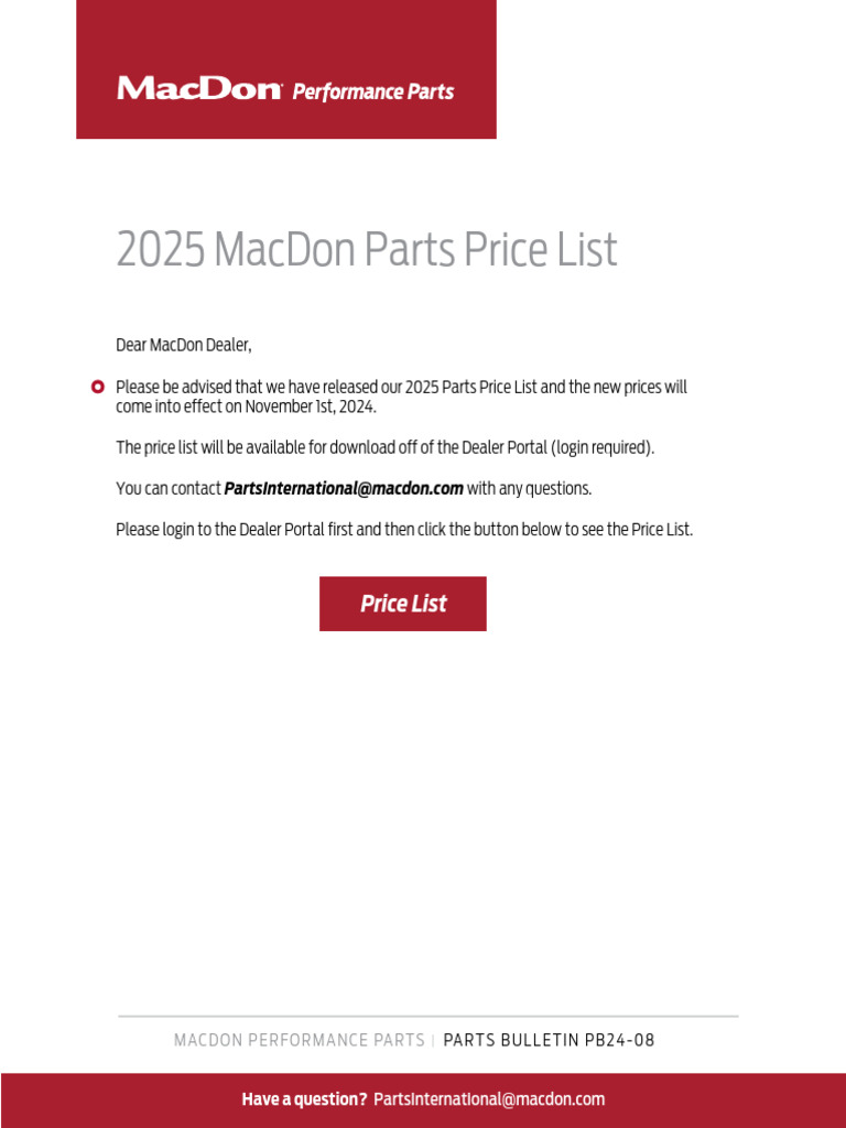 PB24-08 2025 MacDon Parts Price Lists - Export | PDF