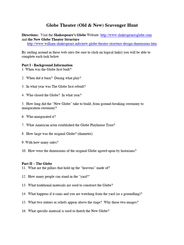 Globe Theater Scavenger Hunt | PDF