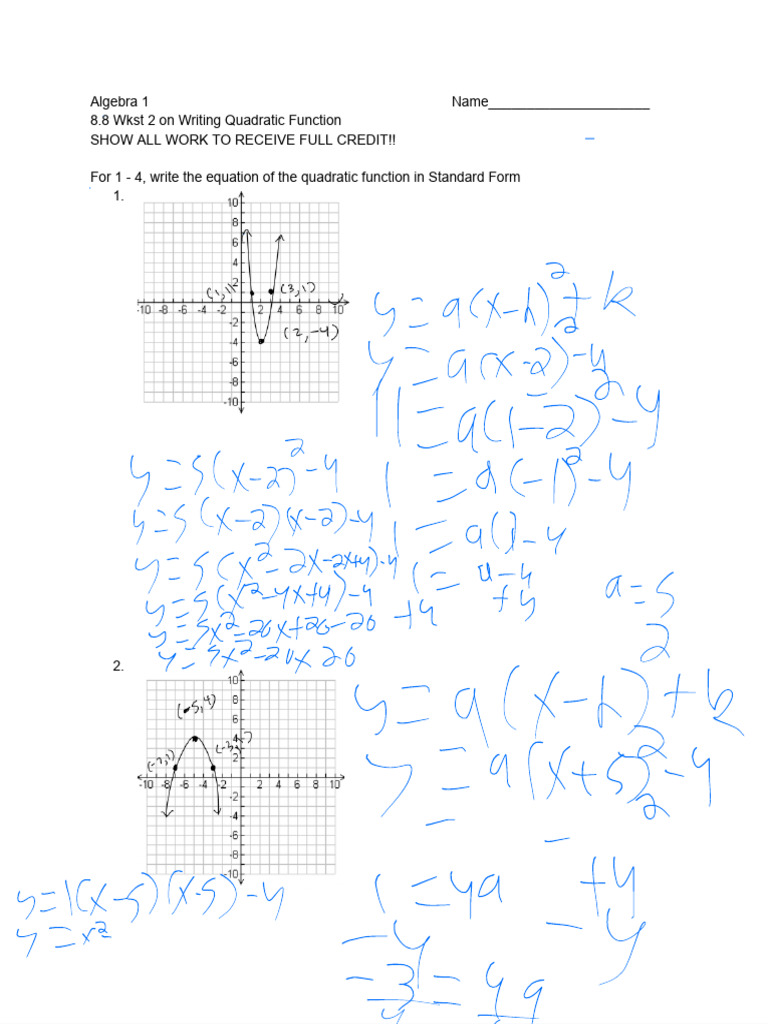 8.8 Wkst 2 on Writing Quadratic Equations - Google Docs | PDF