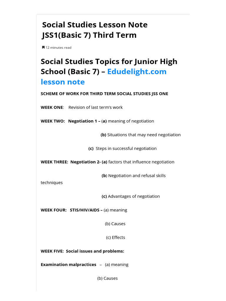 Social Studies Lesson Note JSS1 (Basic 7) Third Term - Edudelight | PDF | Hiv/Aids | Pollution