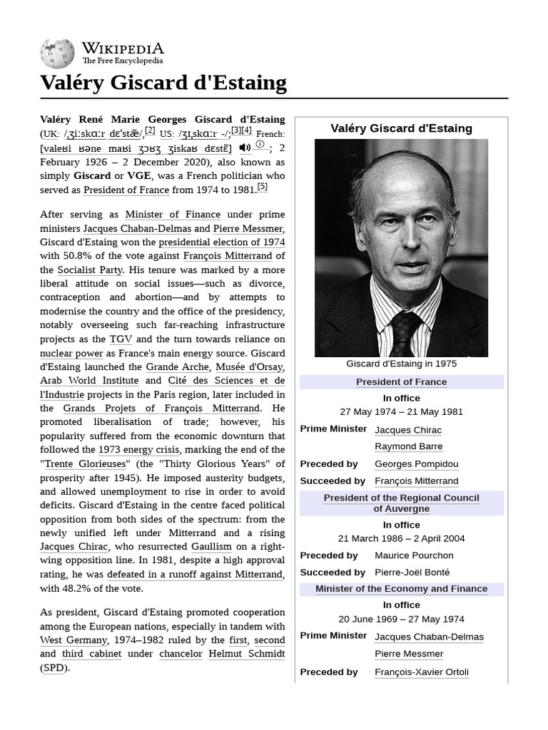 Valéry Giscard d'Estaing: French President | PDF