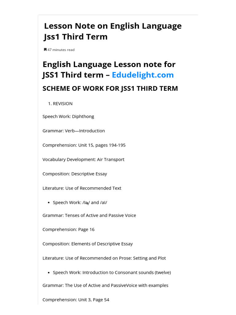 Lesson Note on English Language Jss1 Third Term | PDF | Verb | Angling