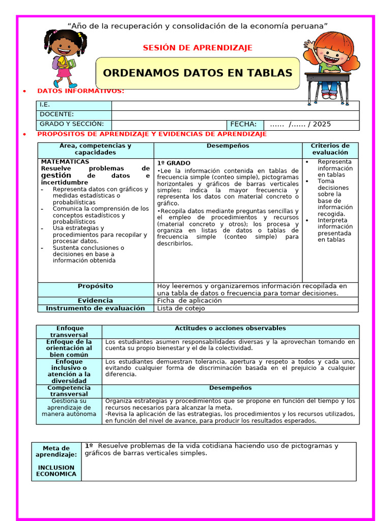 1º U0 S2 Sesion D4 Mat Ordenamos Datos en Tablas Maestras de Primaria Del Peru 998591174 | PDF ...