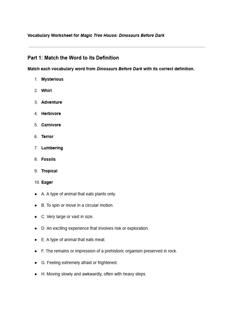 Vocabulary Worksheet For Magic Tree House Dinosaurs Before Dark | PDF