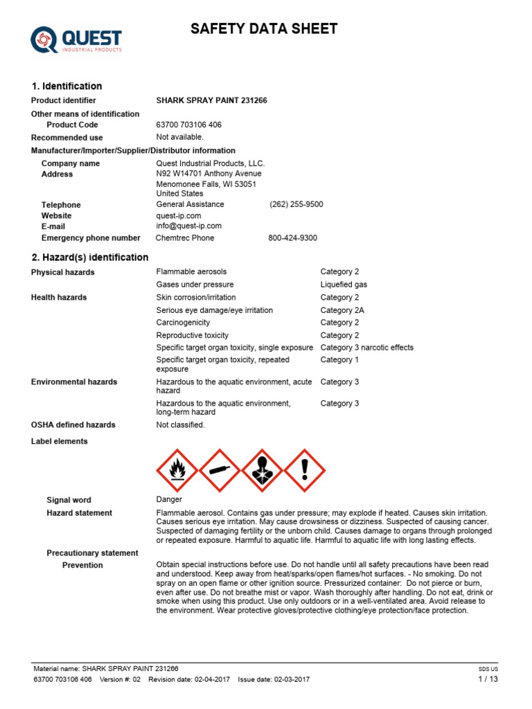 Shark Spray Paint 231266 Sds Us En-Us | PDF | Toxicity | Waste