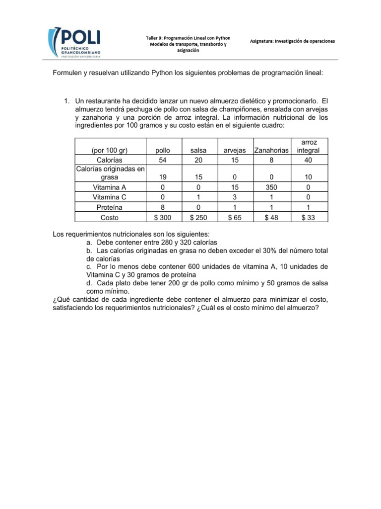 Taller 9 repaso de Programación lineal, Transporte, transbordo y ...