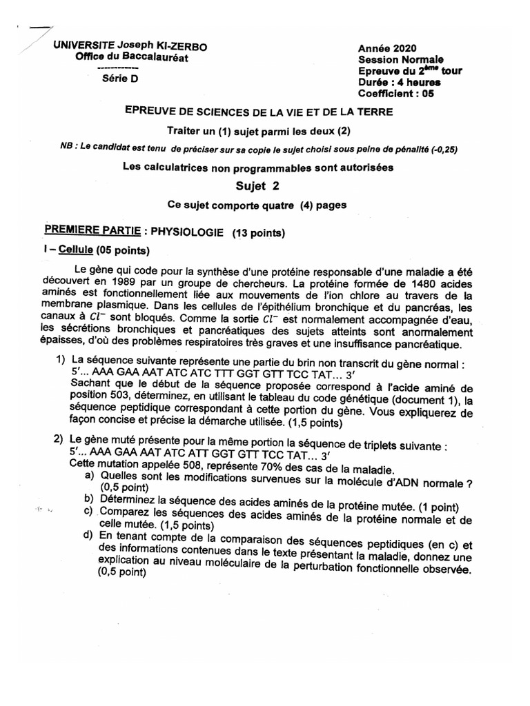 Sujet 2 - SVT Bac 2020 - 2nd Tour | PDF