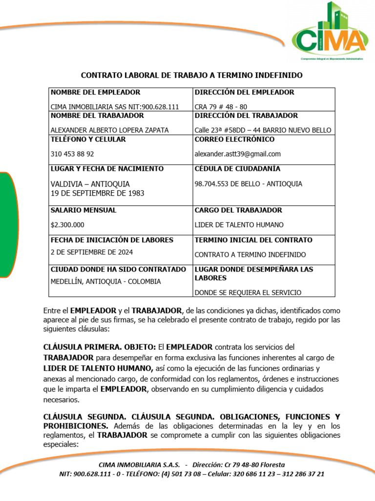 Contrato Termino Indefinido - Lider Talento Humano Cima | PDF | Derecho ...