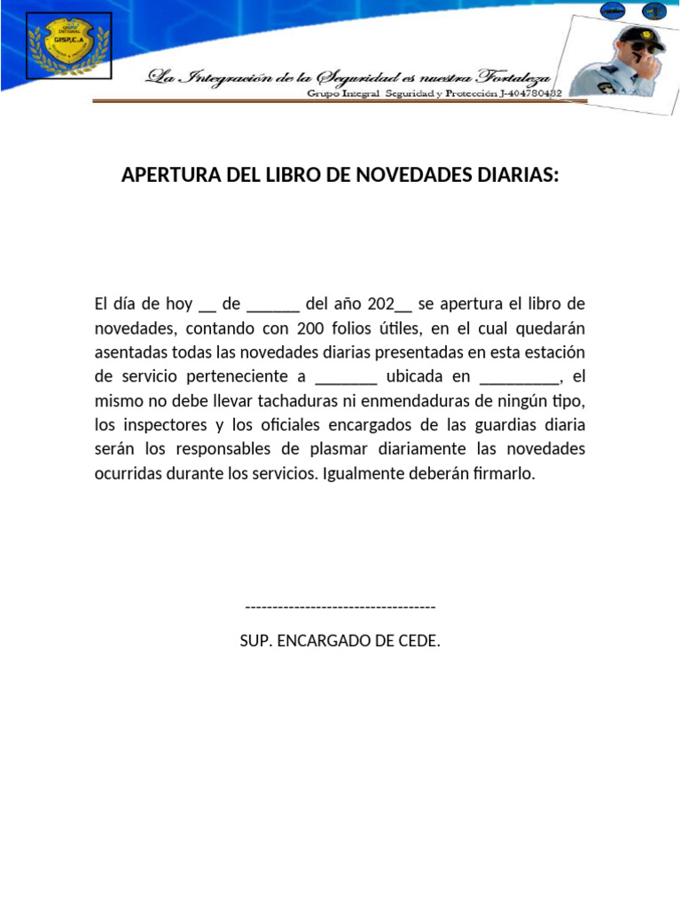 Formato para Apertura de Libro de Novedades | PDF