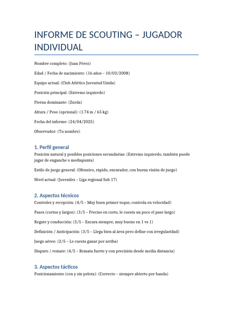Informe de Scouting: Juan Pérez | PDF | Delantero (Asociación de Fútbol)