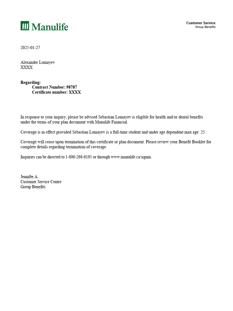 Confirmation of Coverage Letter | PDF