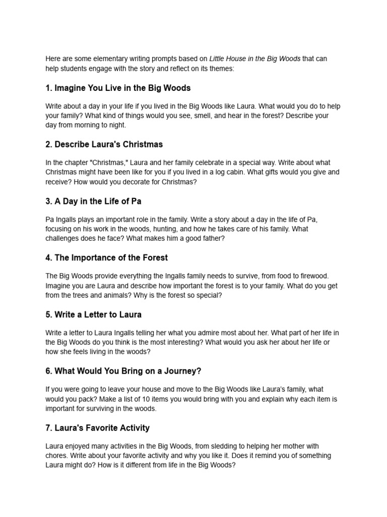 Elementary School Level Writing Prompts Based On Little House in The ...