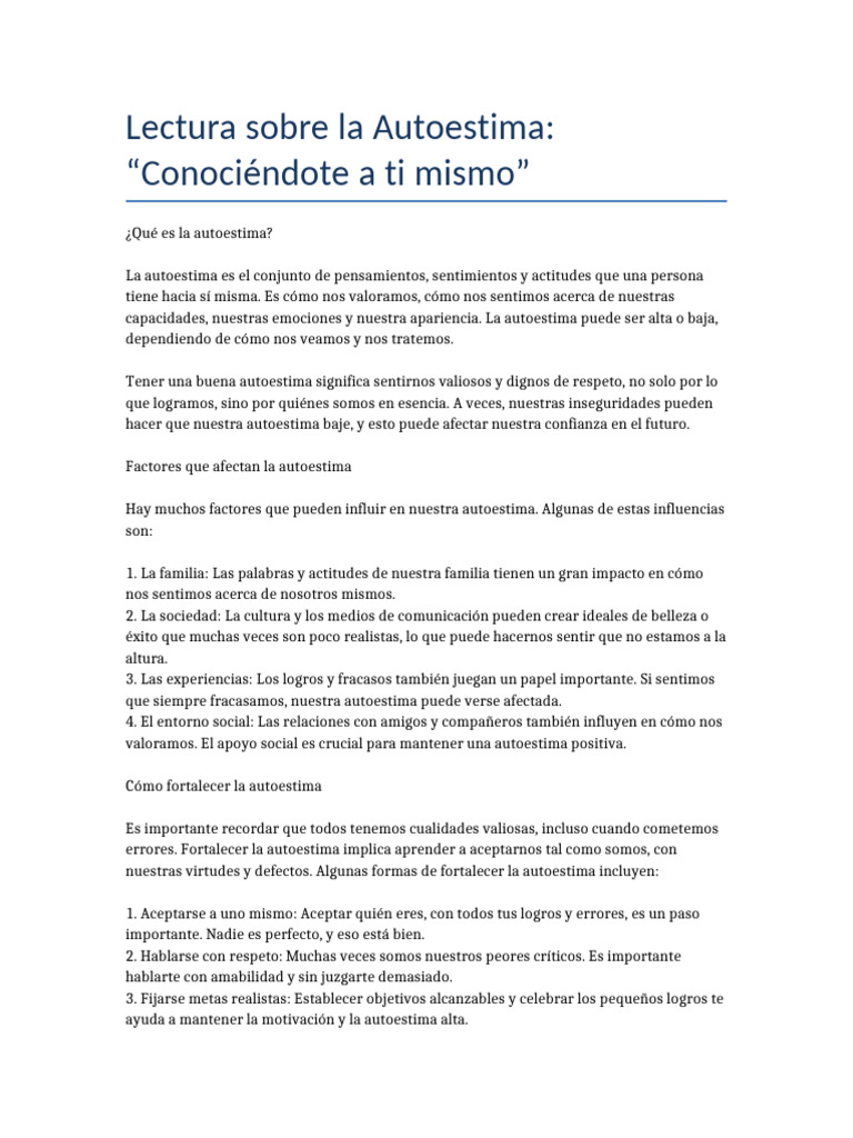 Lectura Autoestima Comprension Lectora | PDF | Autoestima | Cognición
