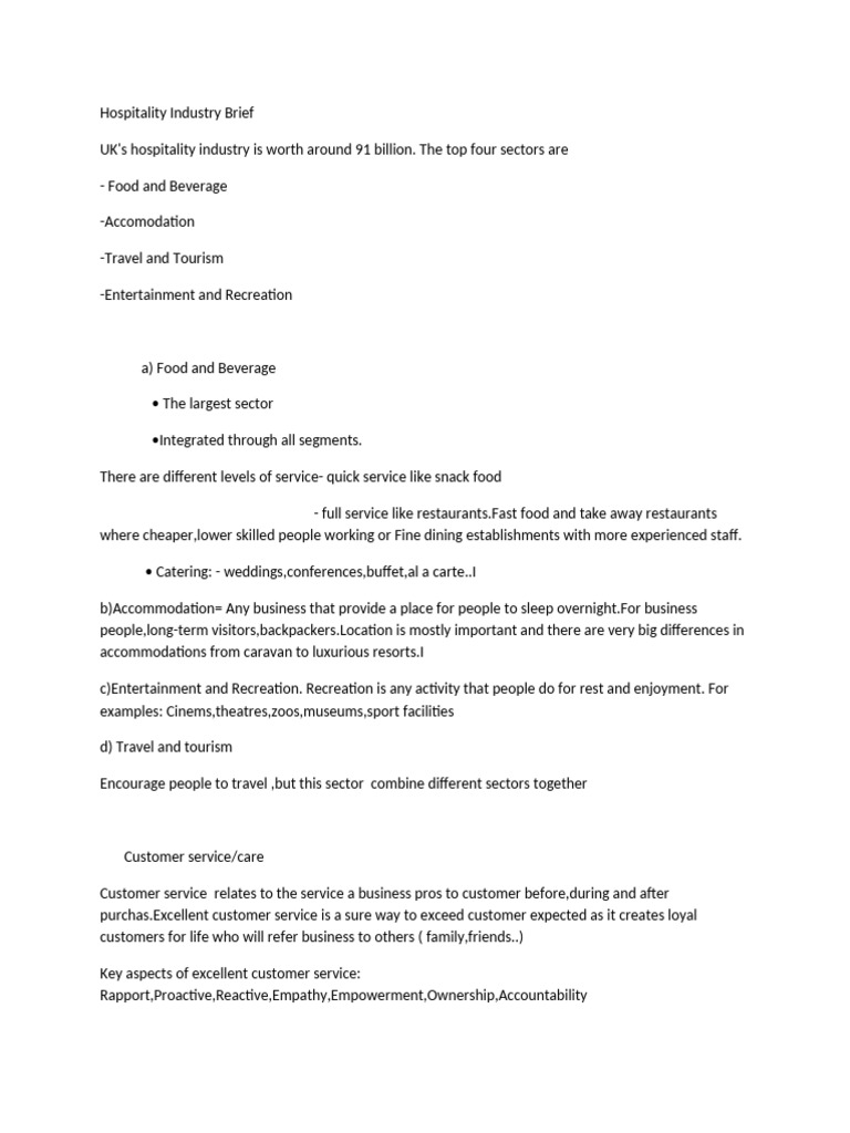 Hospitality Industry Brief | PDF | Hotel | Restaurants
