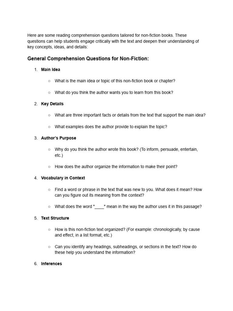 General Comprehension Questions For Non-Fiction | PDF | Reading ...