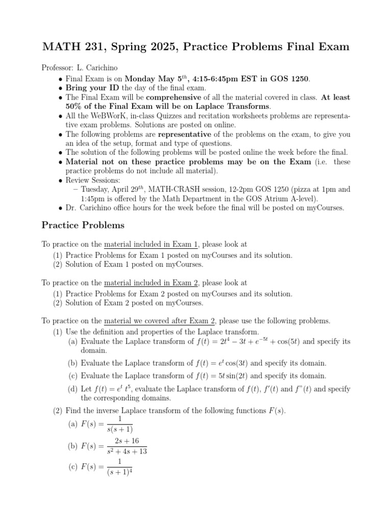 MATH 231 Final Exam Practice Problems | PDF | Laplace Transform | Differential Calculus