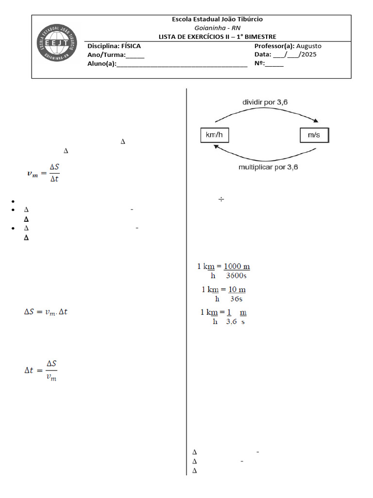 Lista de Exercicios 2 - Cinemática | PDF | Velocidade | Tempo
