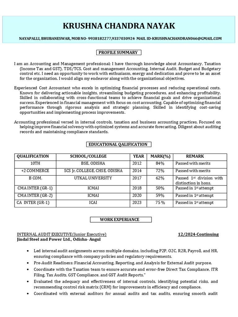 Krushna Chandra Nayak CV Updated | PDF | Audit | Internal Control