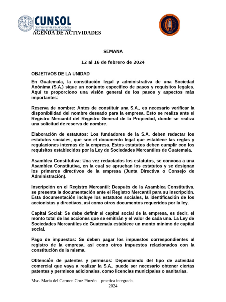 AGENDA DE ACTIVIDADES 1 Año 2024 (1) 3.docx Practica Integrada | PDF | Business