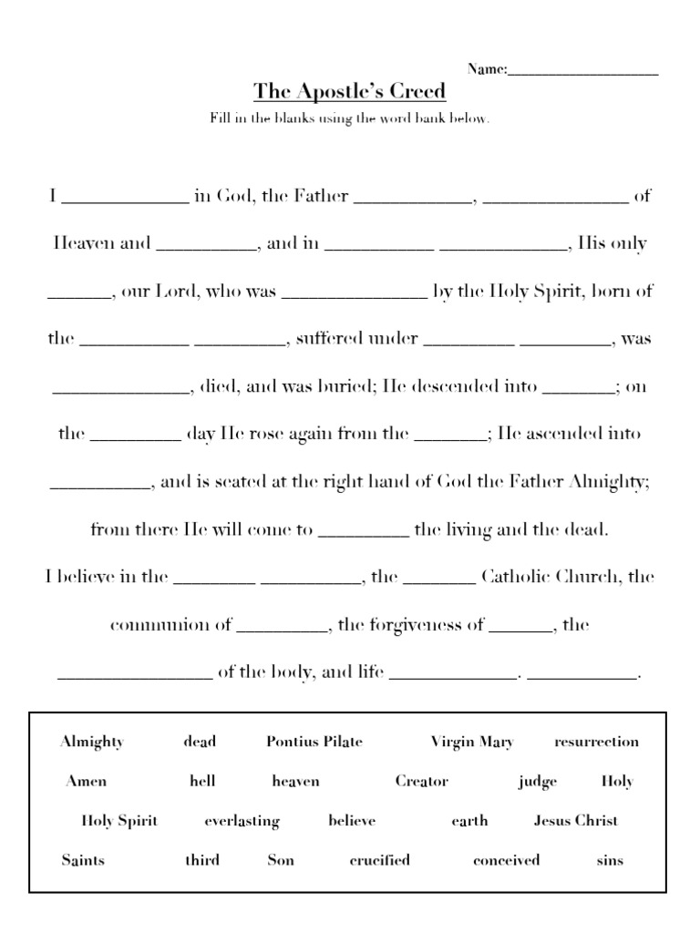 Apostles Creed Fill-in-the-Blank Worksheet | PDF