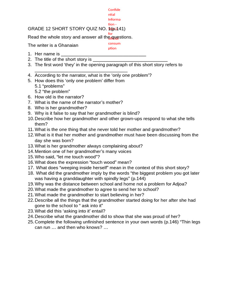 Grade 12 Short Story Quiz Guide | PDF