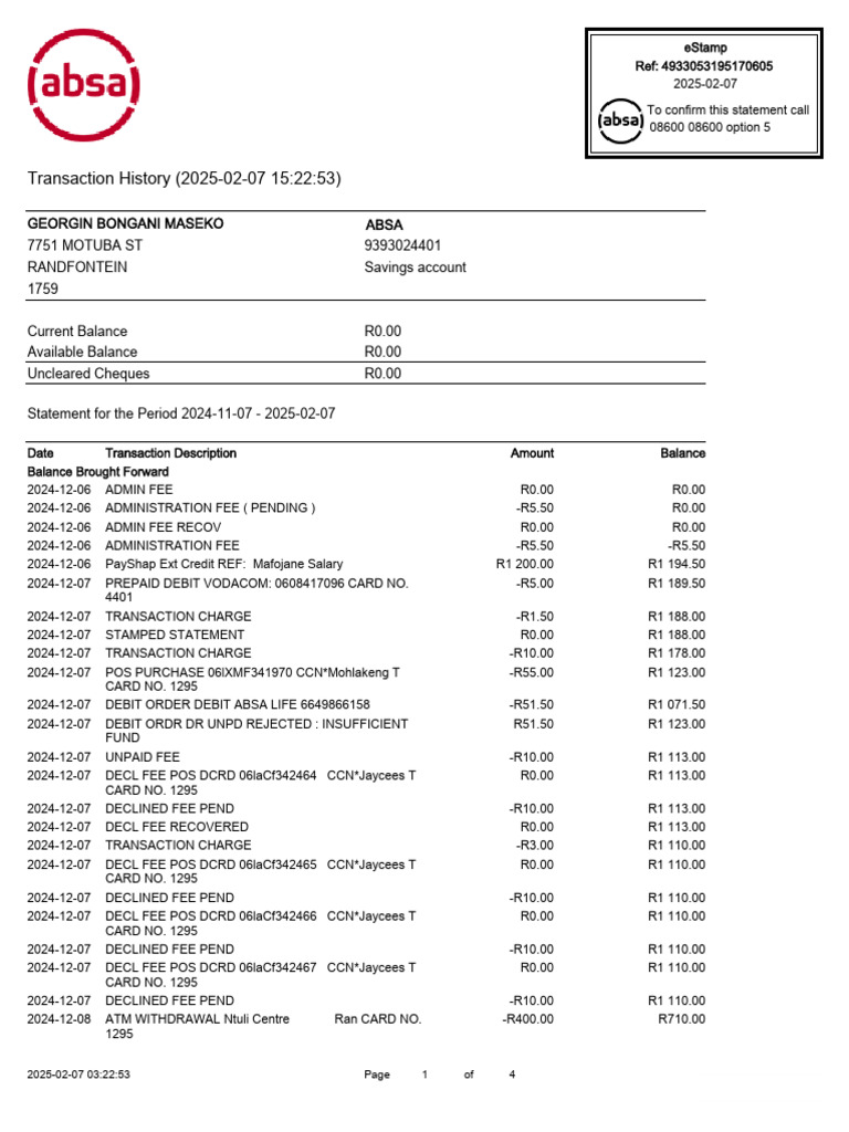 GEORGIN BONGANI MASEKO_2024-11-07_2025-02-07_stamped | PDF | Debit Card | Fee