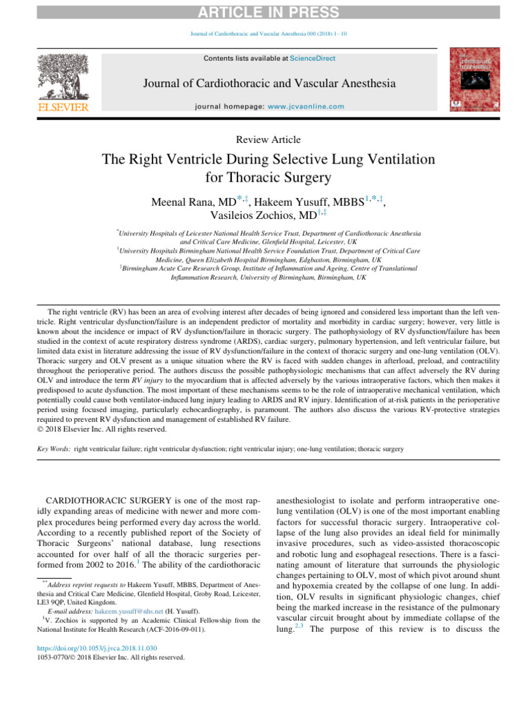 The Right Ventricle During Selective Lung Ventilation For Thoracic Surgery | PDF | Ventricle ...