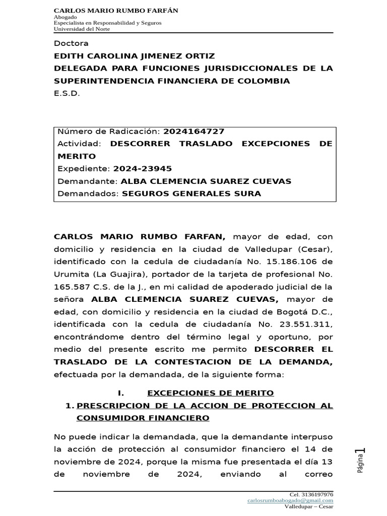 Descorrer Traslado Excepciones de Merito 2024-23945 | PDF | Póliza de ...