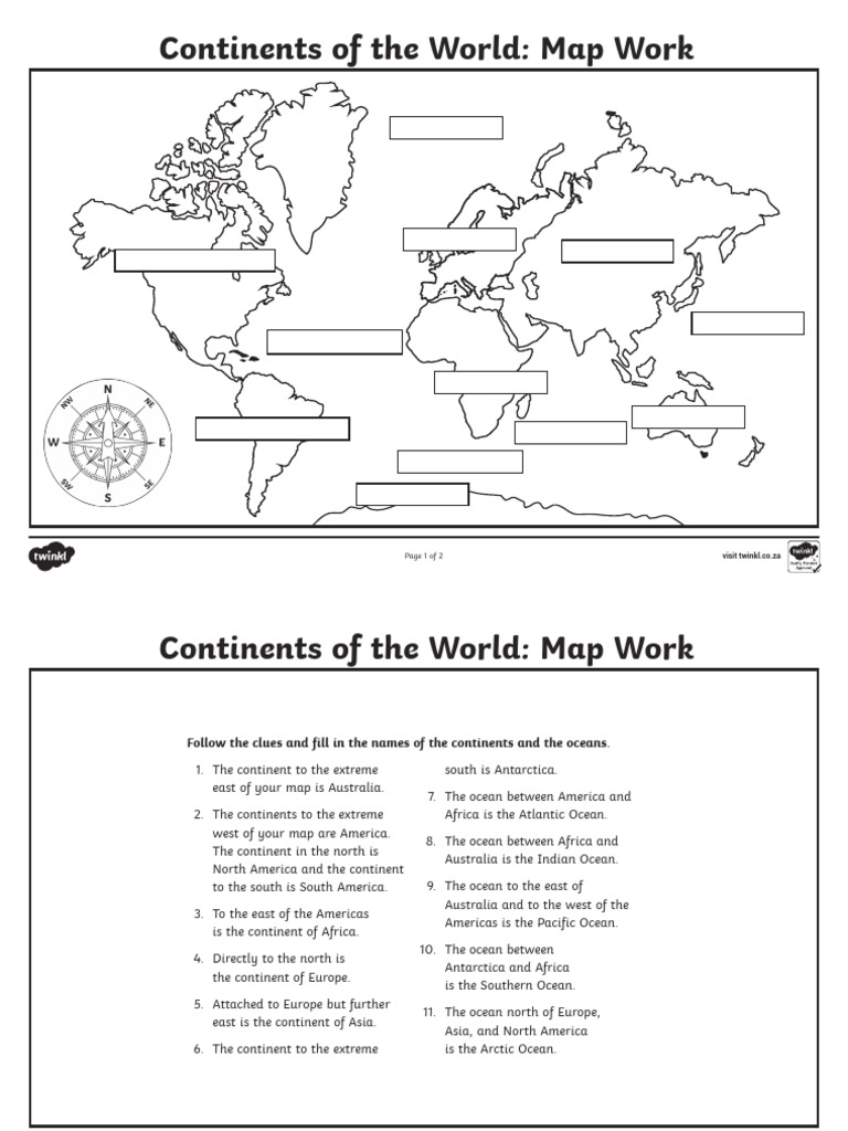 Continents of The World Map Work Activity Sheet - B&W | PDF