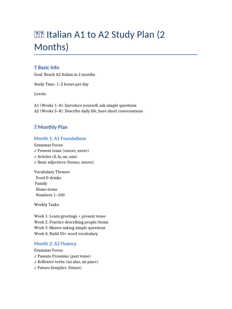 Italian A1 To A2 Study Plan | PDF