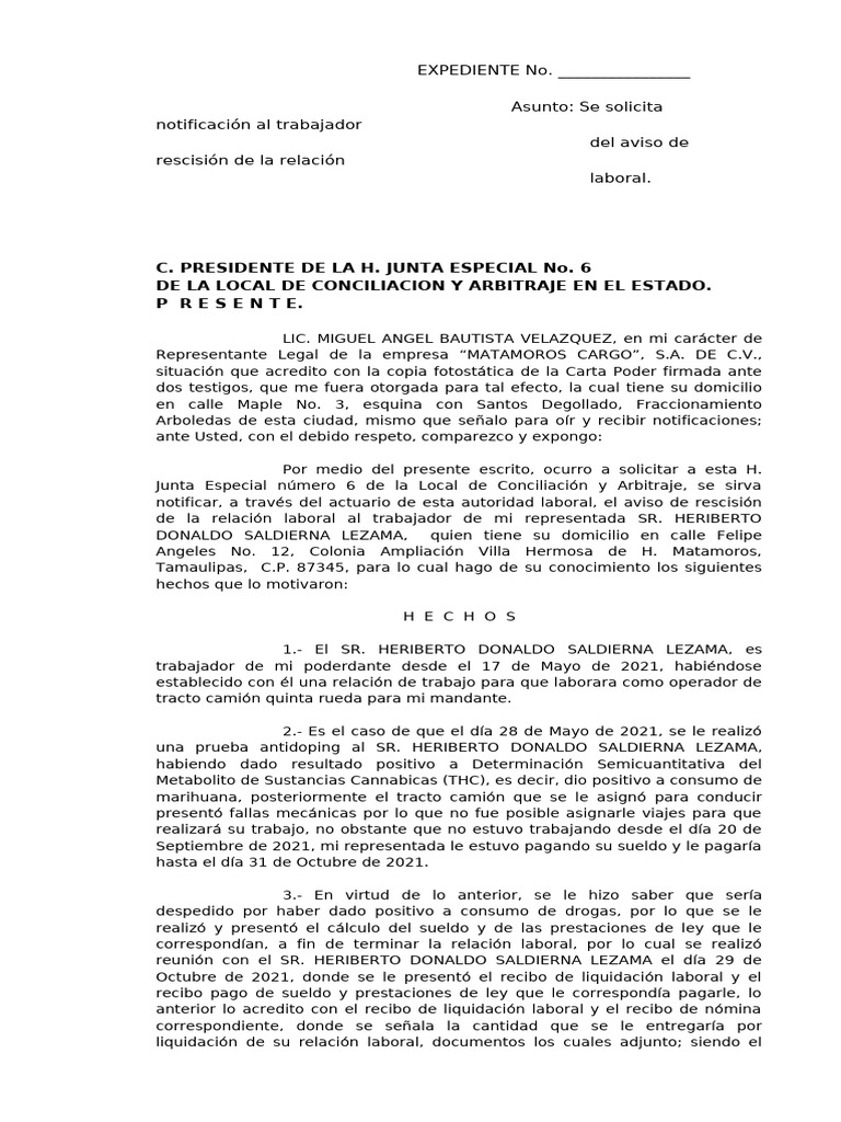 ESCRITO SOLICITANDO SE NOTIFIQUE DESPIDO DE TRABAJADOR | PDF