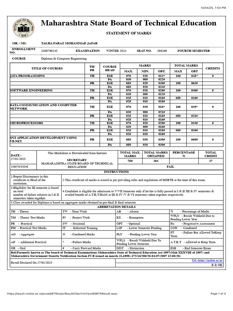 Https:result Msbte Ac in:pcwebBTRes:pcResult01:pcfrmViewMSBTEResult | PDF | Educational Stages ...