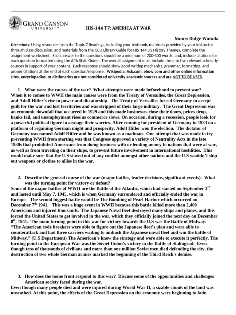 HIS 144 T 7.america at - War.Worksheet 2 | PDF | World War II | Attack ...