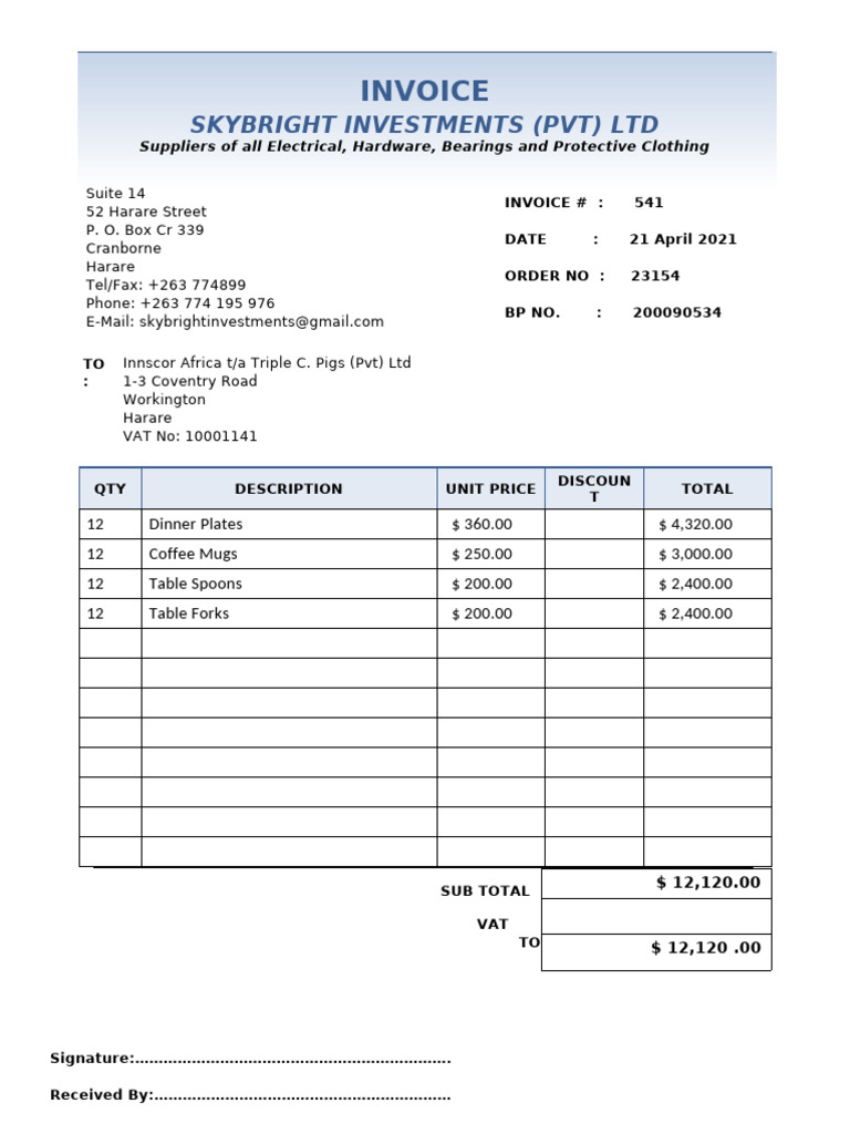 Invoice for Skybright Investments | PDF