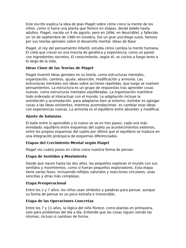 Resumen Libro Jean Piaget Sobre Desarrollo Cognitivo | PDF ...
